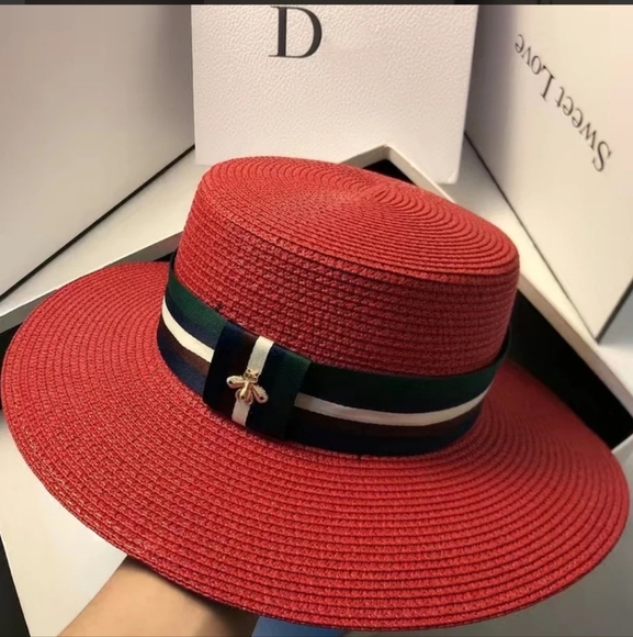 Accessories | Mulicolor Striped Bee Flat Top Straw Hat With Ribbon ...